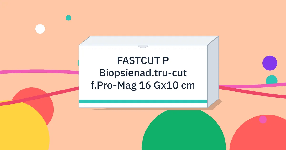 Symbolbild: Packung mit der Aufschrift FASTCUT P Biopsienad.tru-cut f.Pro-Mag 16 Gx10 cm (PZN 16087380) – Verfügbarkeit und Bezug in Apotheken in Frankfurt am Main