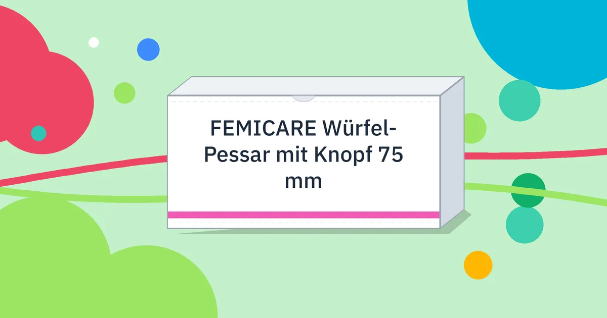 Symbolbild: Packung mit der Aufschrift FEMICARE Würfel-Pessar mit Knopf 75 mm (PZN 19335884) – Verfügbarkeit und Bezug in Apotheken in Frankfurt am Main