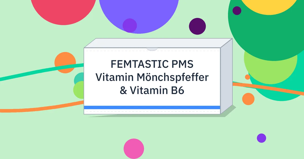 Symbolbild: Packung mit der Aufschrift FEMTASTIC PMS Vitamin Mönchspfeffer & Vitamin B6 (PZN 18039617) – Verfügbarkeit und Bezug in Apotheken in Frankfurt am Main