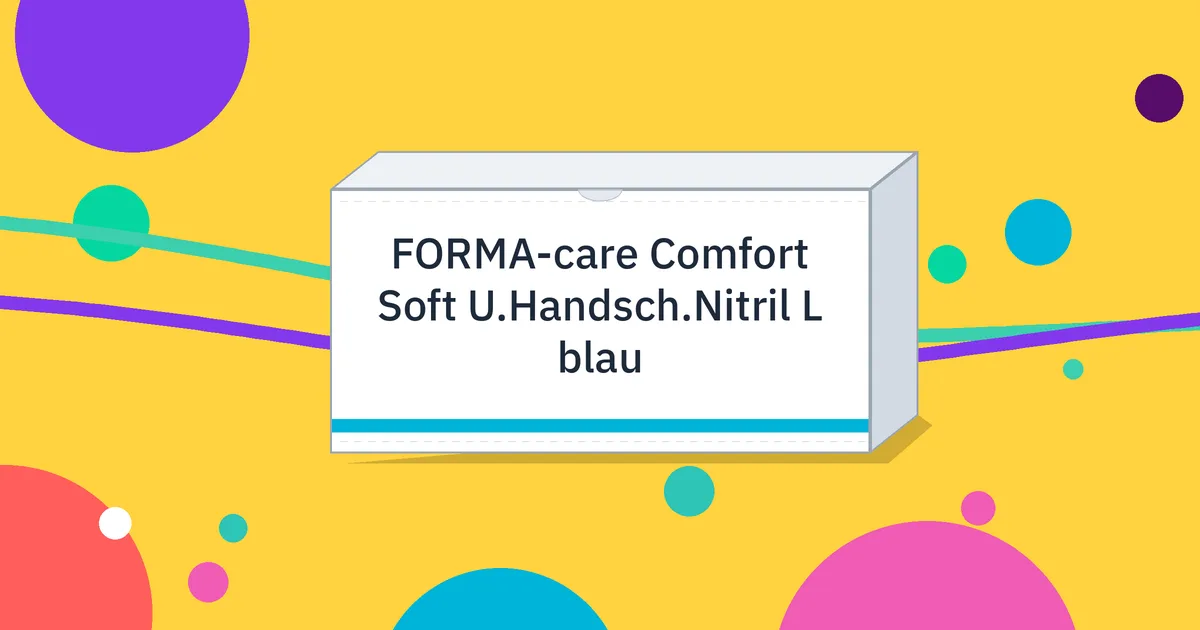 Symbolbild: Packung mit der Aufschrift FORMA-care Comfort Soft U.Handsch.Nitril L blau (PZN 11642670) – Verfügbarkeit und Bezug in Apotheken in Frankfurt am Main
