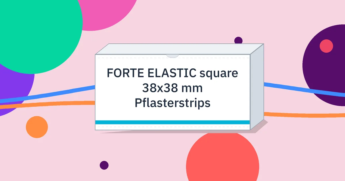 Symbolbild: Packung mit der Aufschrift FORTE ELASTIC square 38x38 mm Pflasterstrips (PZN 20128446) – Verfügbarkeit und Bezug in Apotheken in Frankfurt am Main