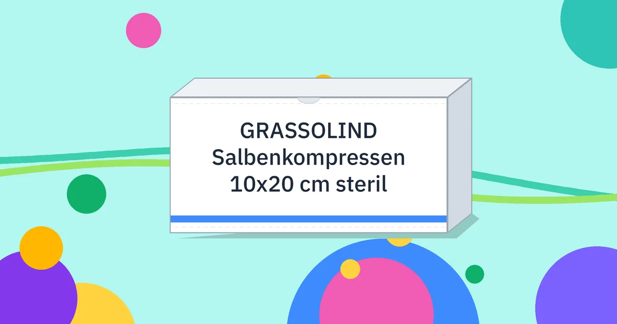 Symbolbild: Packung mit der Aufschrift GRASSOLIND Salbenkompressen 10x20 cm steril (PZN 18087757) – Verfügbarkeit und Bezug in Apotheken in Frankfurt am Main