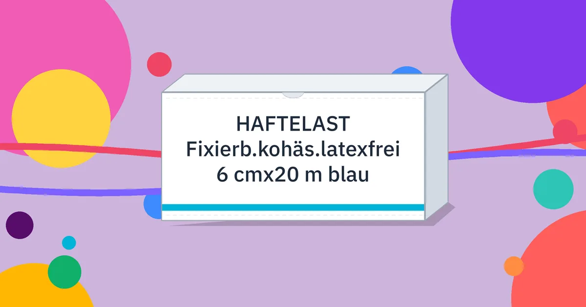 Symbolbild: Packung mit der Aufschrift HAFTELAST Fixierb.kohäs.latexfrei 6 cmx20 m blau (PZN 11382499) – Verfügbarkeit und Bezug in Apotheken in Frankfurt am Main
