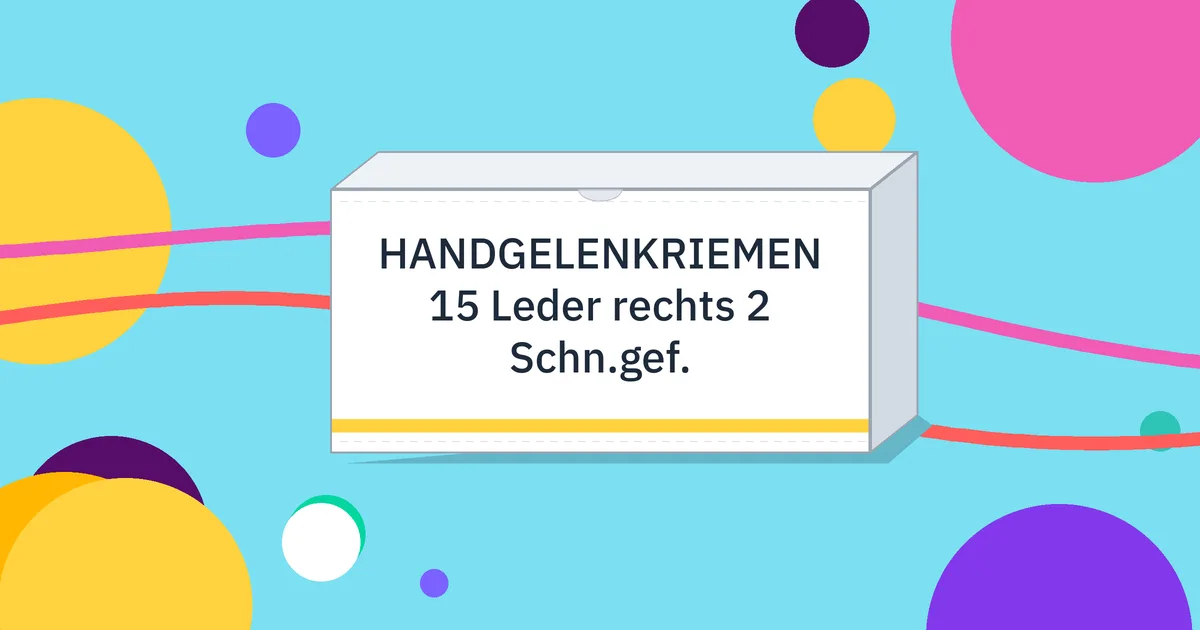 Symbolbild: Packung mit der Aufschrift HANDGELENKRIEMEN 15 Leder rechts 2 Schn.gef. (PZN 03230249) – Verfügbarkeit und Bezug in Apotheken in Frankfurt am Main