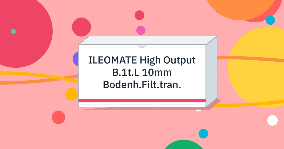 Symbolbild: Packung mit der Aufschrift ILEOMATE High Output B.1t.L 10mm Bodenh.Filt.tran. (PZN 03320053) – Verfügbarkeit und Bezug in Apotheken in Frankfurt am Main