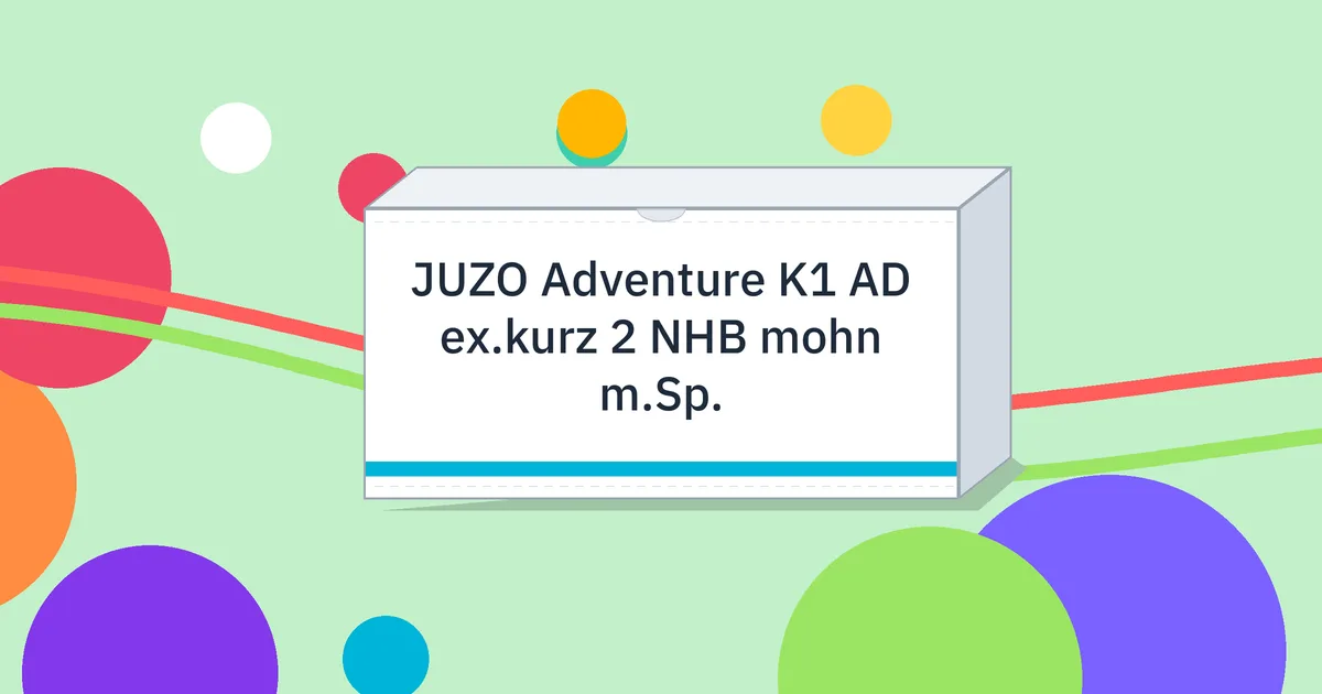 Symbolbild: Packung mit der Aufschrift JUZO Adventure K1 AD ex.kurz 2 NHB mohn m.Sp. (PZN 14975490) – Verfügbarkeit und Bezug in Apotheken in Frankfurt am Main