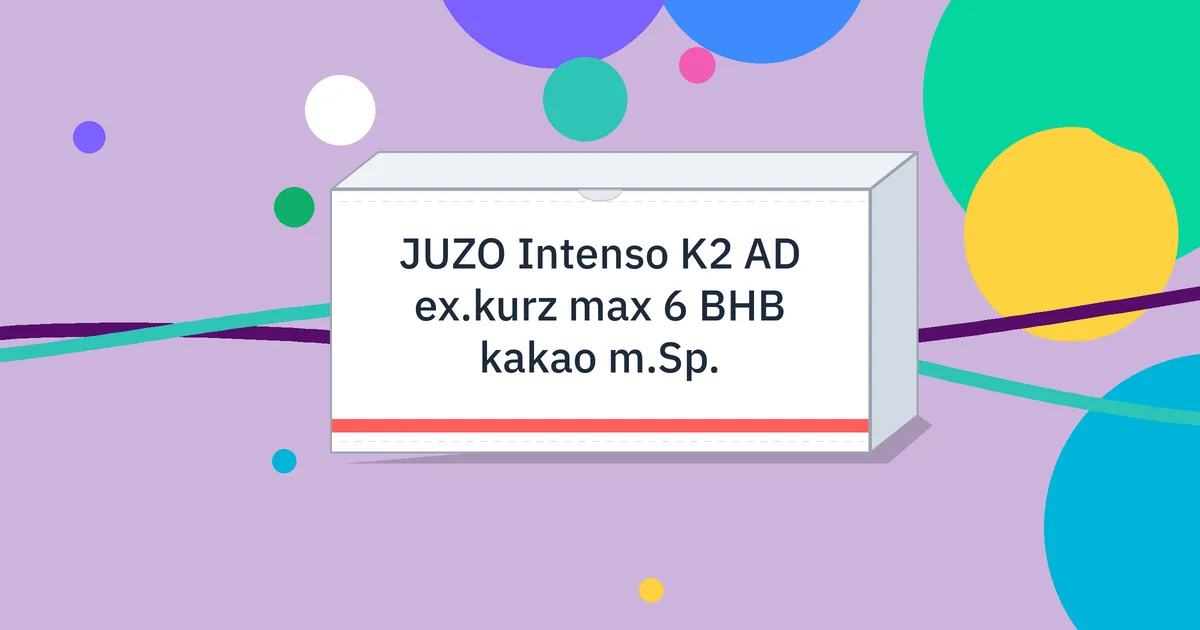 Symbolbild: Packung mit der Aufschrift JUZO Intenso K2 AD ex.kurz max 6 BHB kakao m.Sp. (PZN 18614228) – Verfügbarkeit und Bezug in Apotheken in Frankfurt am Main