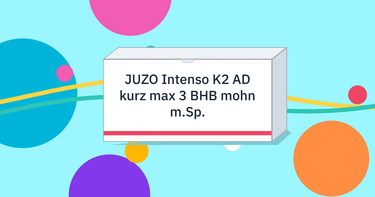 Symbolbild: Packung mit der Aufschrift JUZO Intenso K2 AD kurz max 3 BHB mohn m.Sp. (PZN 18615877) – Verfügbarkeit und Bezug in Apotheken in Frankfurt am Main