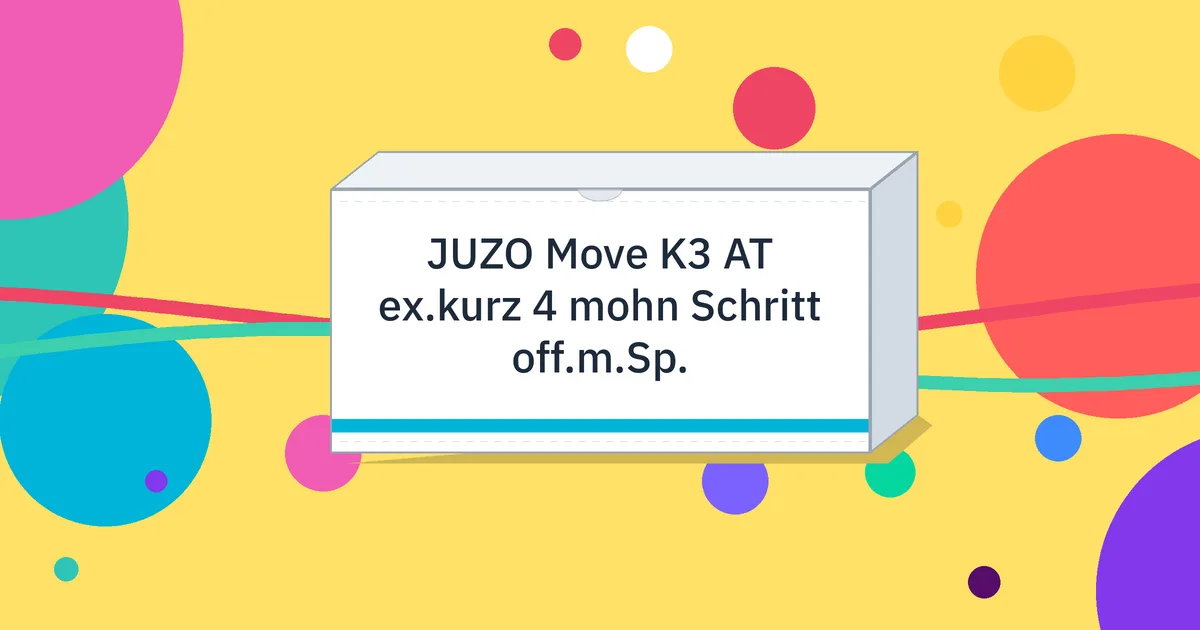 Symbolbild: Packung mit der Aufschrift JUZO Move K3 AT ex.kurz 4 mohn Schritt off.m.Sp. (PZN 20680764) – Verfügbarkeit und Bezug in Apotheken in Frankfurt am Main
