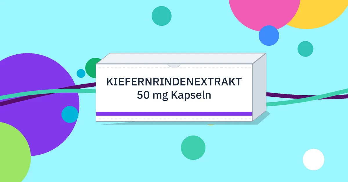 Symbolbild: Packung mit der Aufschrift KIEFERNRINDENEXTRAKT 50 mg Kapseln (PZN 19642830) – Verfügbarkeit und Bezug in Apotheken in Frankfurt am Main