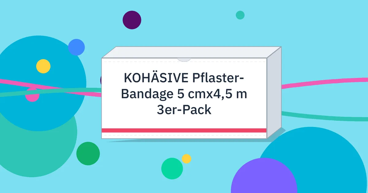 Symbolbild: Packung mit der Aufschrift KOHÄSIVE Pflaster-Bandage 5 cmx4,5 m 3er-Pack (PZN 16618021) – Verfügbarkeit und Bezug in Apotheken in Frankfurt am Main