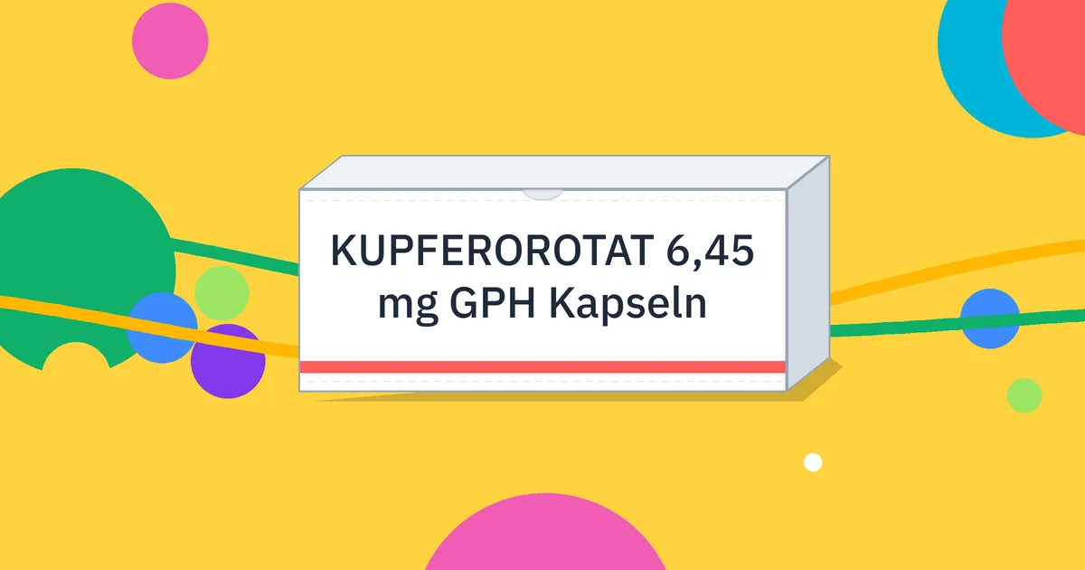 Symbolbild: Packung mit der Aufschrift KUPFEROROTAT 6,45 mg GPH Kapseln (PZN 11658027) – Verfügbarkeit und Bezug in Apotheken in Frankfurt am Main