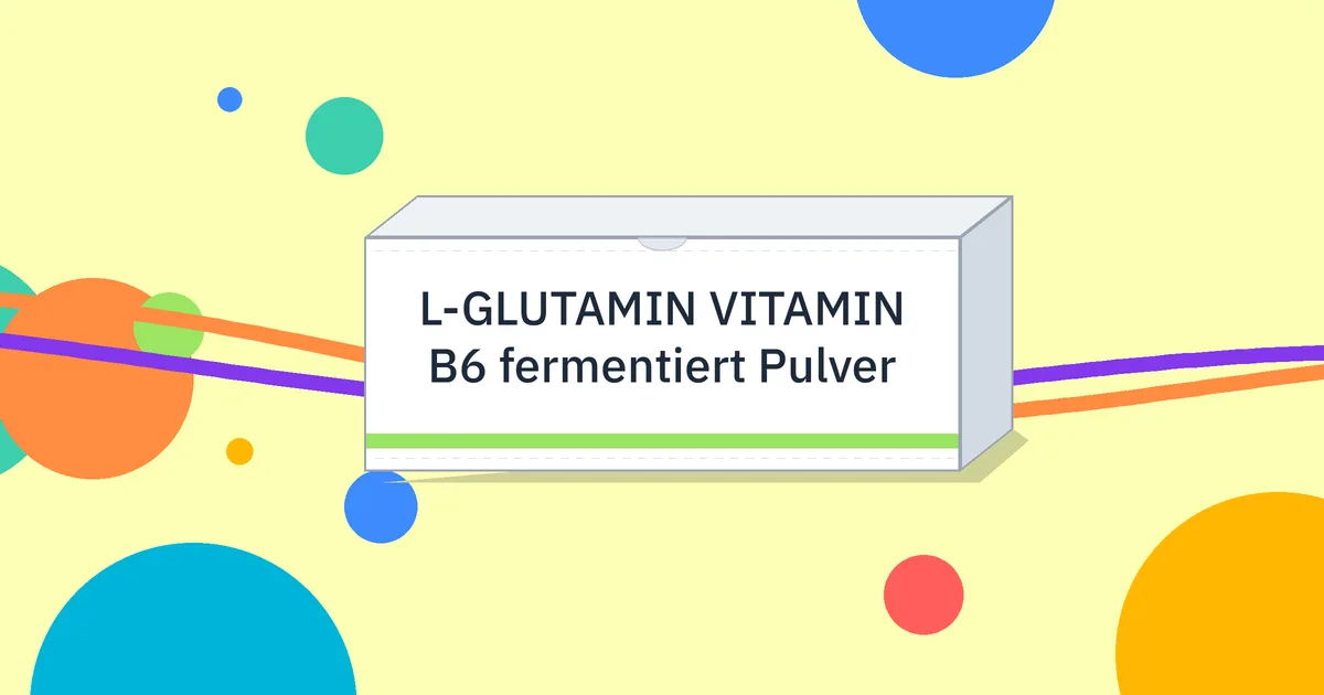 Symbolbild: Packung mit der Aufschrift L-GLUTAMIN VITAMIN B6 fermentiert Pulver (PZN 19504246) – Verfügbarkeit und Bezug in Apotheken in Frankfurt am Main