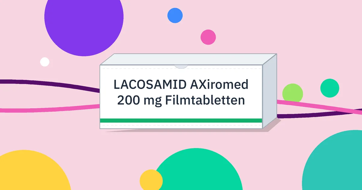 Symbolbild: Packung mit der Aufschrift LACOSAMID AXiromed 200 mg Filmtabletten (PZN 18726789) – Verfügbarkeit und Bezug in Apotheken in Frankfurt am Main