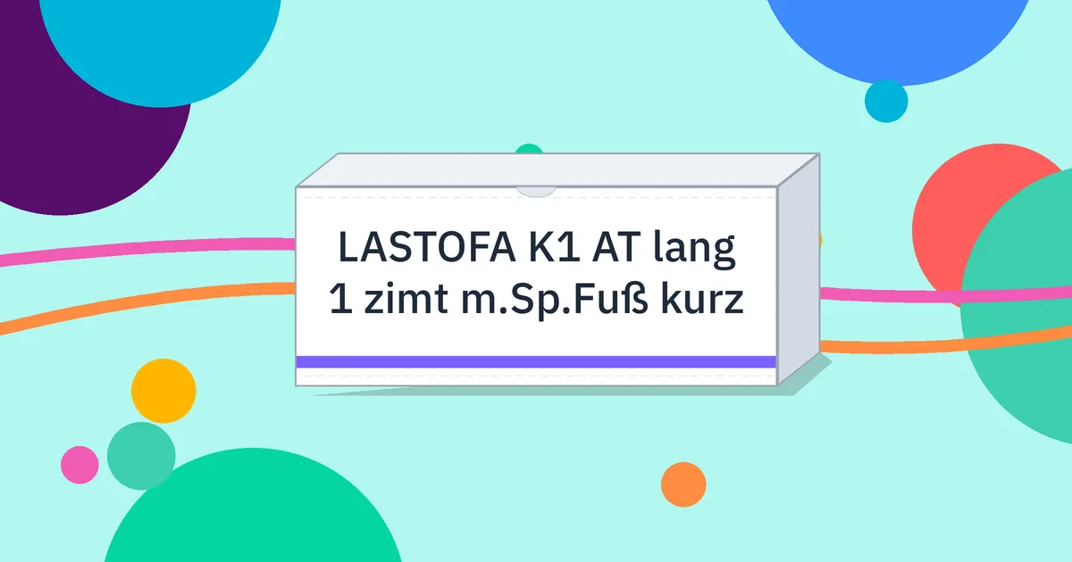 Symbolbild: Packung mit der Aufschrift LASTOFA K1 AT lang 1 zimt m.Sp.Fuß kurz (PZN 13795024) – Verfügbarkeit und Bezug in Apotheken in Frankfurt am Main