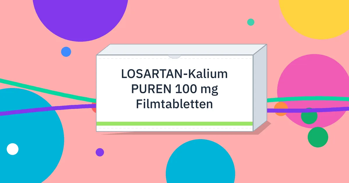Symbolbild: Packung mit der Aufschrift LOSARTAN-Kalium PUREN 100 mg Filmtabletten (PZN 13572063) – Verfügbarkeit und Bezug in Apotheken in Frankfurt am Main