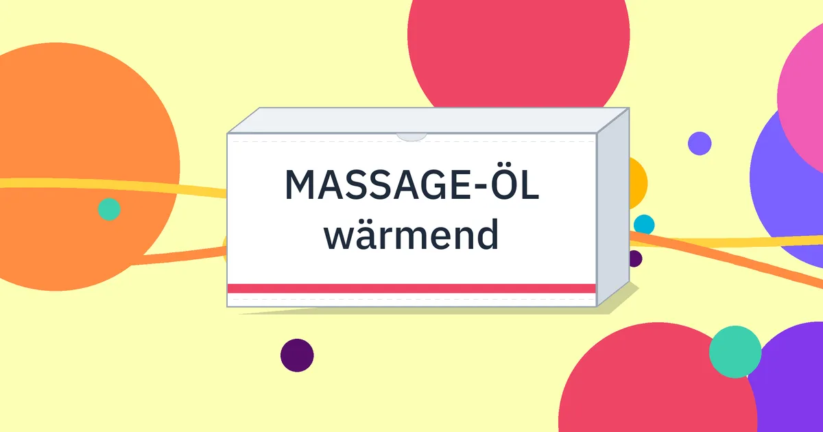 Symbolbild: Packung mit der Aufschrift MASSAGE-ÖL wärmend (PZN 13650691) – Verfügbarkeit und Bezug in Apotheken in Frankfurt am Main
