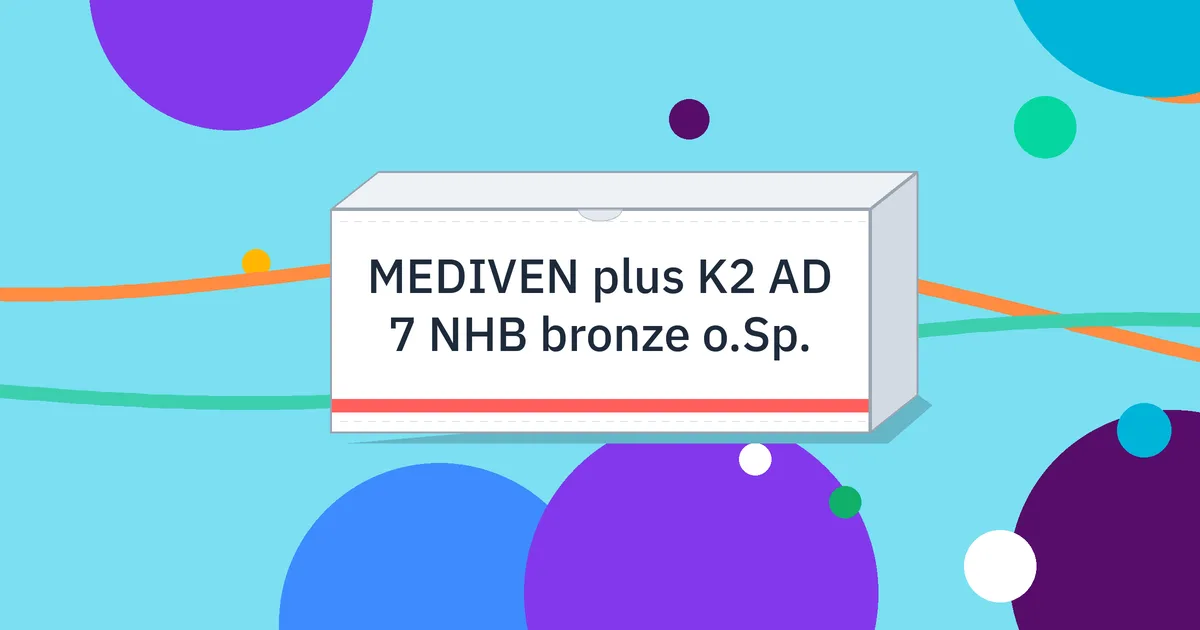 Symbolbild: Packung mit der Aufschrift MEDIVEN plus K2 AD 7 NHB bronze o.Sp. (PZN 15936960) – Verfügbarkeit und Bezug in Apotheken in Frankfurt am Main