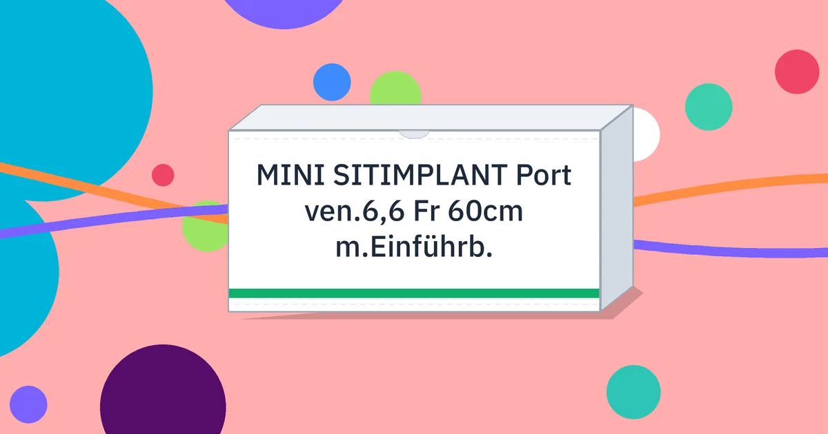 Symbolbild: Packung mit der Aufschrift MINI SITIMPLANT Port ven.6,6 Fr 60cm m.Einführb. (PZN 00989614) – Verfügbarkeit und Bezug in Apotheken in Frankfurt am Main