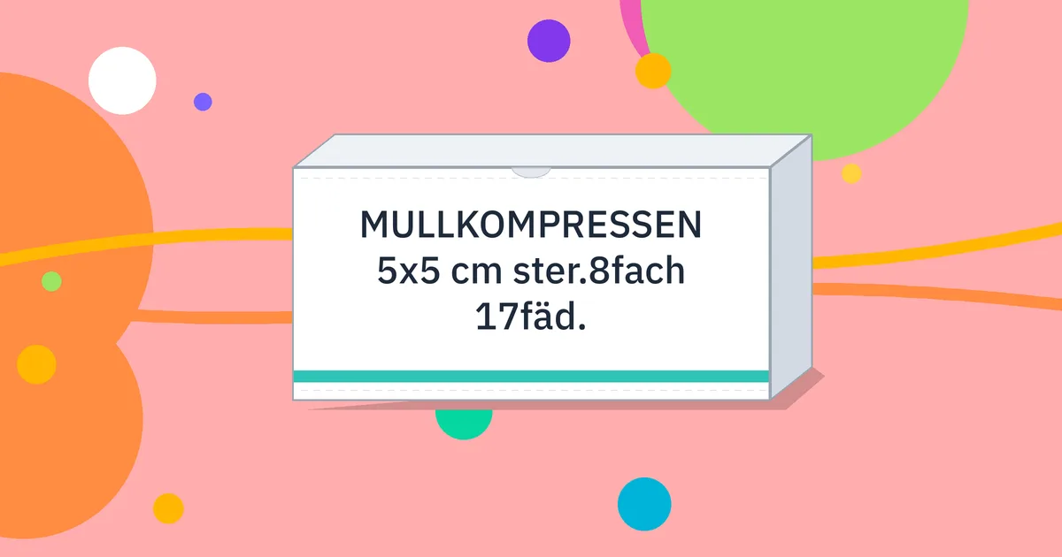 Symbolbild: Packung mit der Aufschrift MULLKOMPRESSEN 5x5 cm ster.8fach 17fäd. (PZN 06929151) – Verfügbarkeit und Bezug in Apotheken in Frankfurt am Main