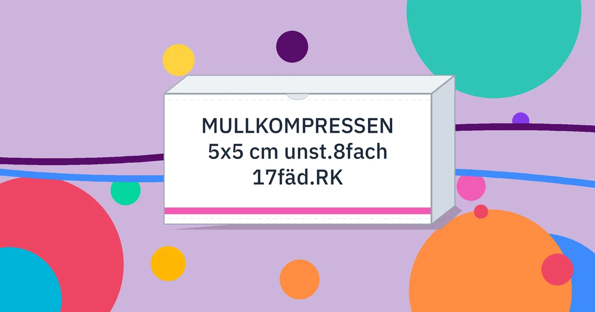 Symbolbild: Packung mit der Aufschrift MULLKOMPRESSEN 5x5 cm unst.8fach 17fäd.RK (PZN 06928602) – Verfügbarkeit und Bezug in Apotheken in Frankfurt am Main
