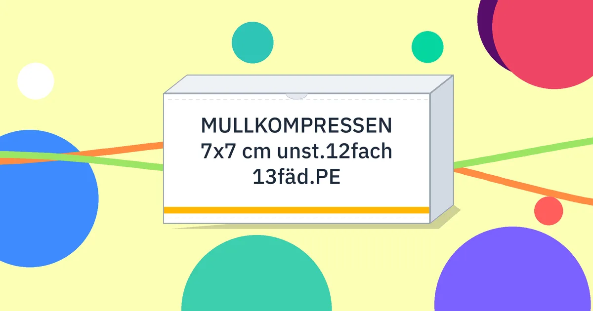 Symbolbild: Packung mit der Aufschrift MULLKOMPRESSEN 7x7 cm unst.12fach 13fäd.PE (PZN 06928387) – Verfügbarkeit und Bezug in Apotheken in Frankfurt am Main