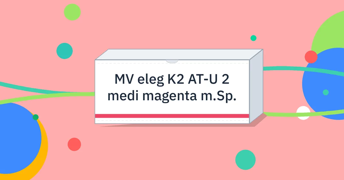Symbolbild: Packung mit der Aufschrift MV eleg K2 AT-U 2 medi magenta m.Sp. (PZN 15290452) – Verfügbarkeit und Bezug in Apotheken in Frankfurt am Main