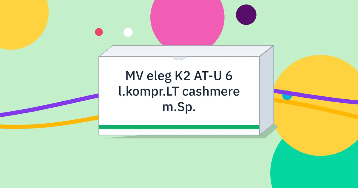 Symbolbild: Packung mit der Aufschrift MV eleg K2 AT-U 6 l.kompr.LT cashmere m.Sp. (PZN 15289590) – Verfügbarkeit und Bezug in Apotheken in Frankfurt am Main