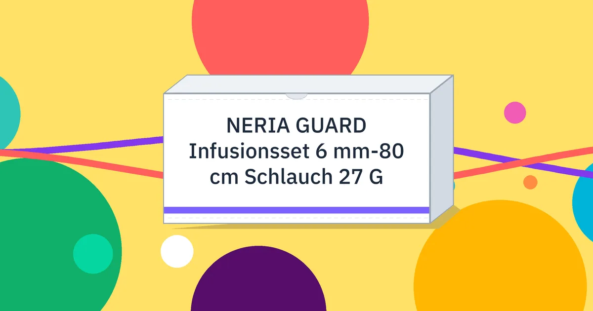 Symbolbild: Packung mit der Aufschrift NERIA GUARD Infusionsset 6 mm-80 cm Schlauch 27 G (PZN 19365106) – Verfügbarkeit und Bezug in Apotheken in Frankfurt am Main