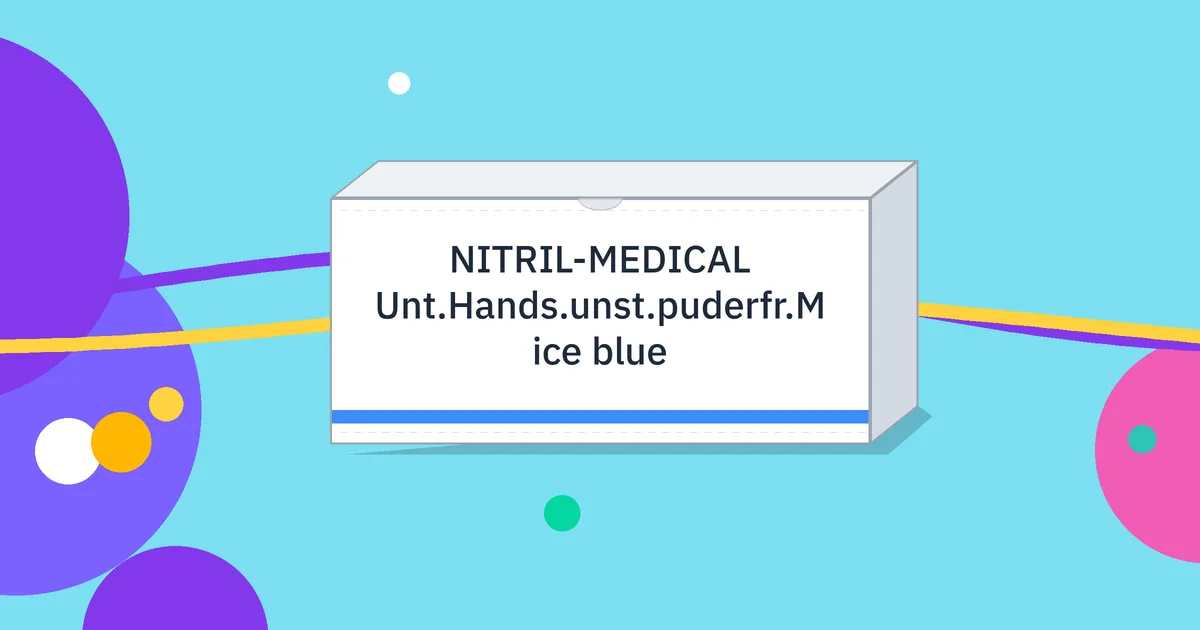 Symbolbild: Packung mit der Aufschrift NITRIL-MEDICAL Unt.Hands.unst.puderfr.M ice blue (PZN 18766671) – Verfügbarkeit und Bezug in Apotheken in Frankfurt am Main