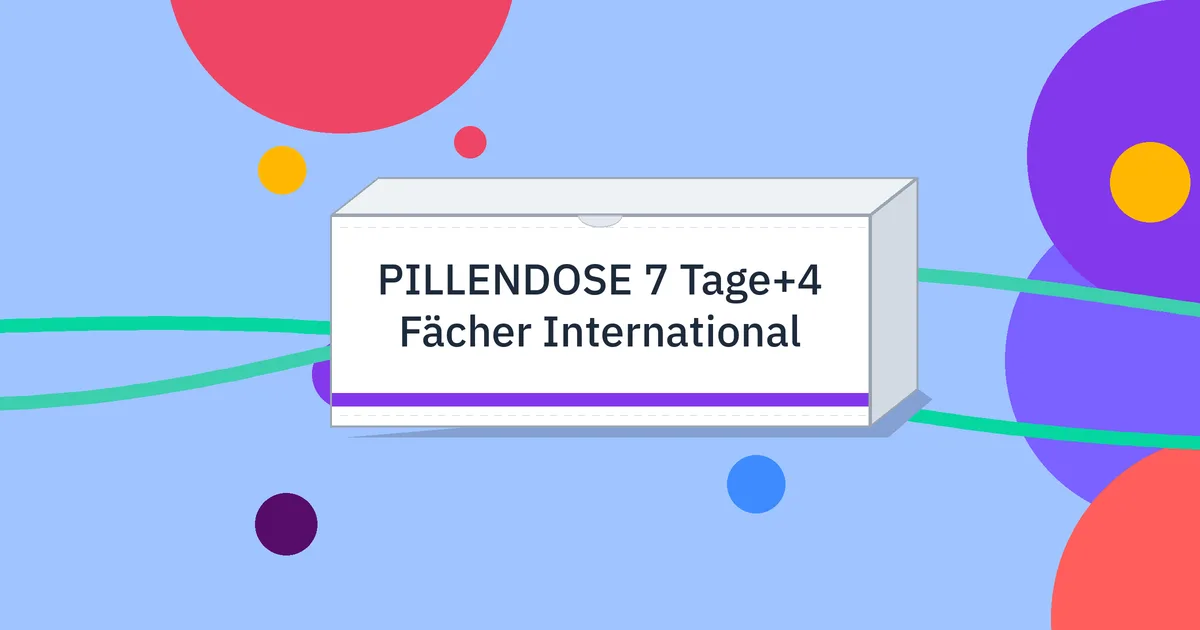 Symbolbild: Packung mit der Aufschrift PILLENDOSE 7 Tage+4 Fächer International (PZN 16239950) – Verfügbarkeit und Bezug in Apotheken in Frankfurt am Main
