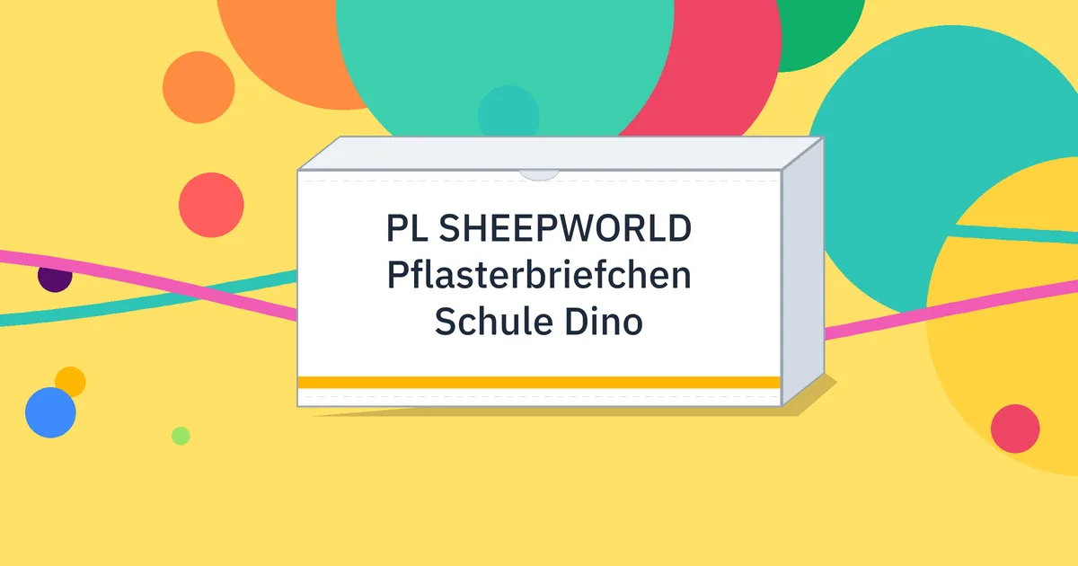 Symbolbild: Packung mit der Aufschrift PL SHEEPWORLD Pflasterbriefchen Schule Dino (PZN 19743838) – Verfügbarkeit und Bezug in Apotheken in Frankfurt am Main