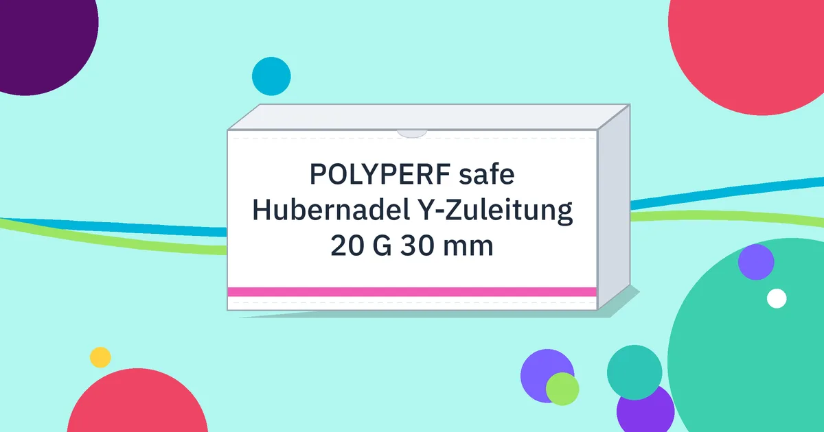 Symbolbild: Packung mit der Aufschrift POLYPERF safe Hubernadel Y-Zuleitung 20 G 30 mm (PZN 18114129) – Verfügbarkeit und Bezug in Apotheken in Frankfurt am Main