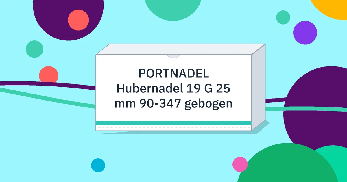 Symbolbild: Packung mit der Aufschrift PORTNADEL Hubernadel 19 G 25 mm 90-347 gebogen (PZN 02756699) – Verfügbarkeit und Bezug in Apotheken in Frankfurt am Main