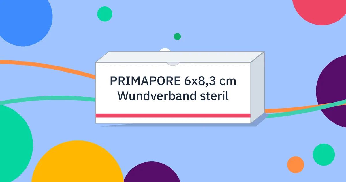 Symbolbild: Packung mit der Aufschrift PRIMAPORE 6x8,3 cm Wundverband steril (PZN 20598459) – Verfügbarkeit und Bezug in Apotheken in Frankfurt am Main