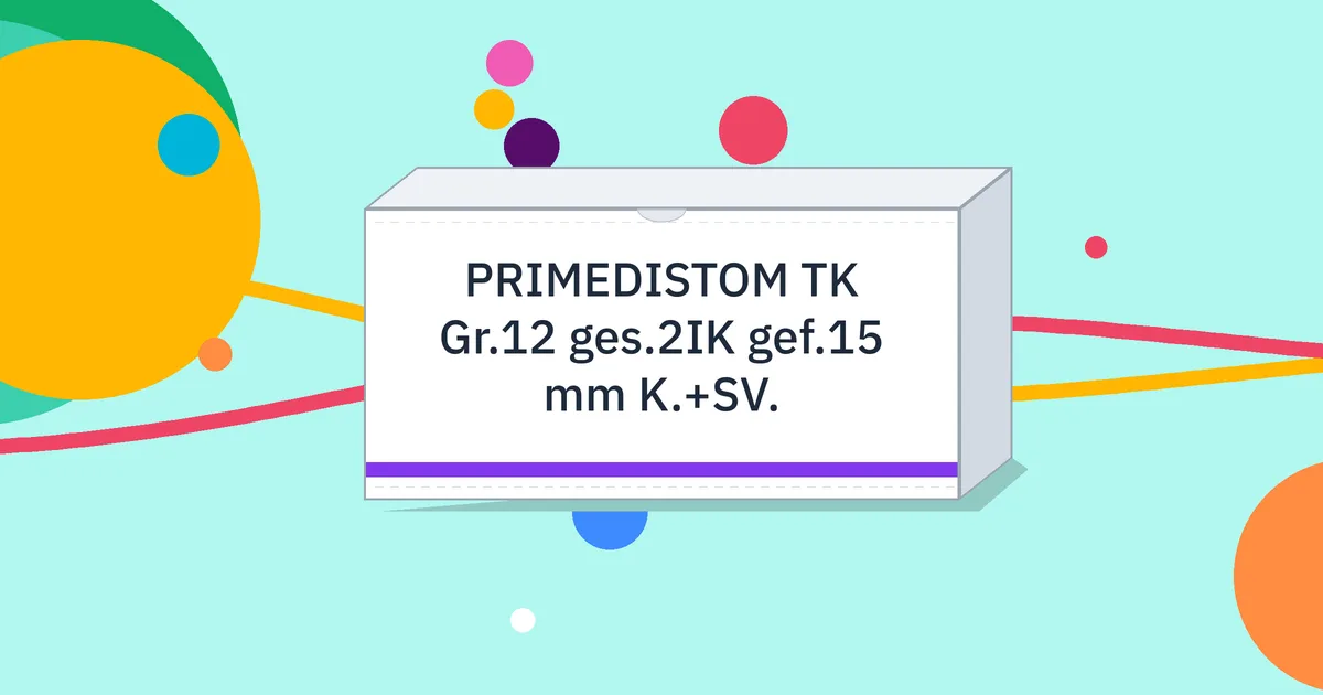 Symbolbild: Packung mit der Aufschrift PRIMEDISTOM TK Gr.12 ges.2IK gef.15 mm K.+SV. (PZN 10928298) – Verfügbarkeit und Bezug in Apotheken in Frankfurt am Main