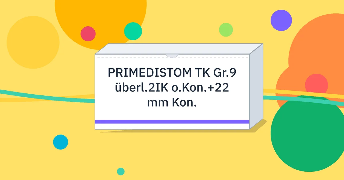Symbolbild: Packung mit der Aufschrift PRIMEDISTOM TK Gr.9 überl.2IK o.Kon.+22 mm Kon. (PZN 10266354) – Verfügbarkeit und Bezug in Apotheken in Frankfurt am Main