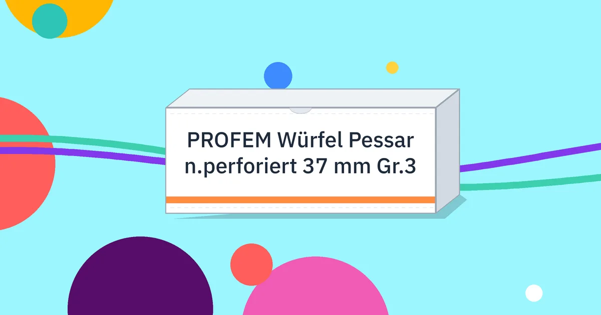 Symbolbild: Packung mit der Aufschrift PROFEM Würfel Pessar n.perforiert 37 mm Gr.3 (PZN 11672872) – Verfügbarkeit und Bezug in Apotheken in Frankfurt am Main