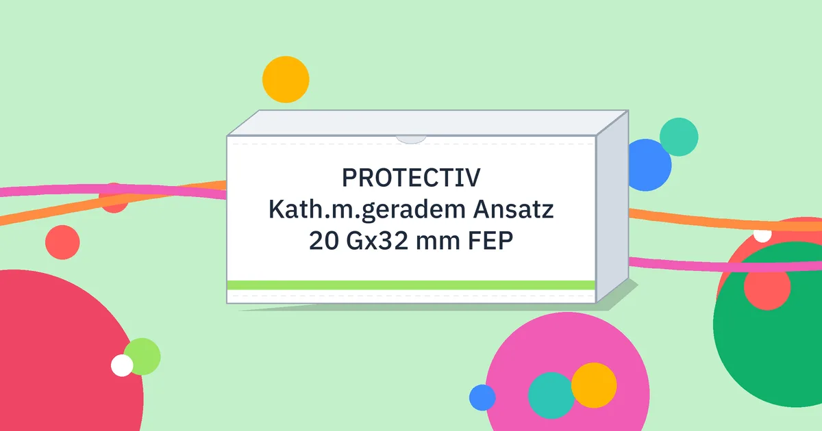 Symbolbild: Packung mit der Aufschrift PROTECTIV Kath.m.geradem Ansatz 20 Gx32 mm FEP (PZN 08419253) – Verfügbarkeit und Bezug in Apotheken in Frankfurt am Main
