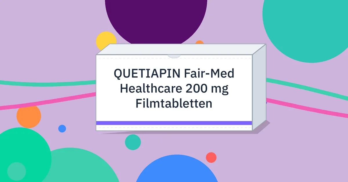 Symbolbild: Packung mit der Aufschrift QUETIAPIN Fair-Med Healthcare 200 mg Filmtabletten (PZN 12494533) – Verfügbarkeit und Bezug in Apotheken in Frankfurt am Main