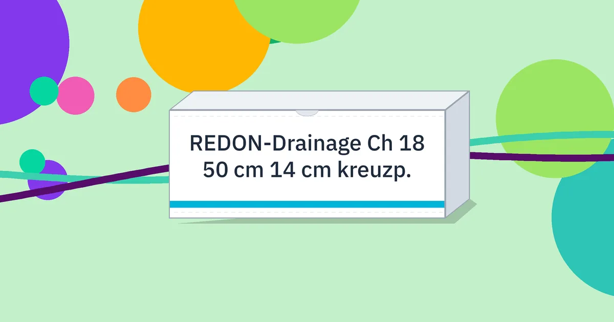 Symbolbild: Packung mit der Aufschrift REDON-Drainage Ch 18 50 cm 14 cm kreuzp. (PZN 17483942) – Verfügbarkeit und Bezug in Apotheken in Frankfurt am Main