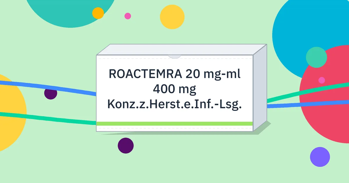Symbolbild: Packung mit der Aufschrift ROACTEMRA 20 mg-ml 400 mg Konz.z.Herst.e.Inf.-Lsg. (PZN 20176899) – Verfügbarkeit und Bezug in Apotheken in Frankfurt am Main