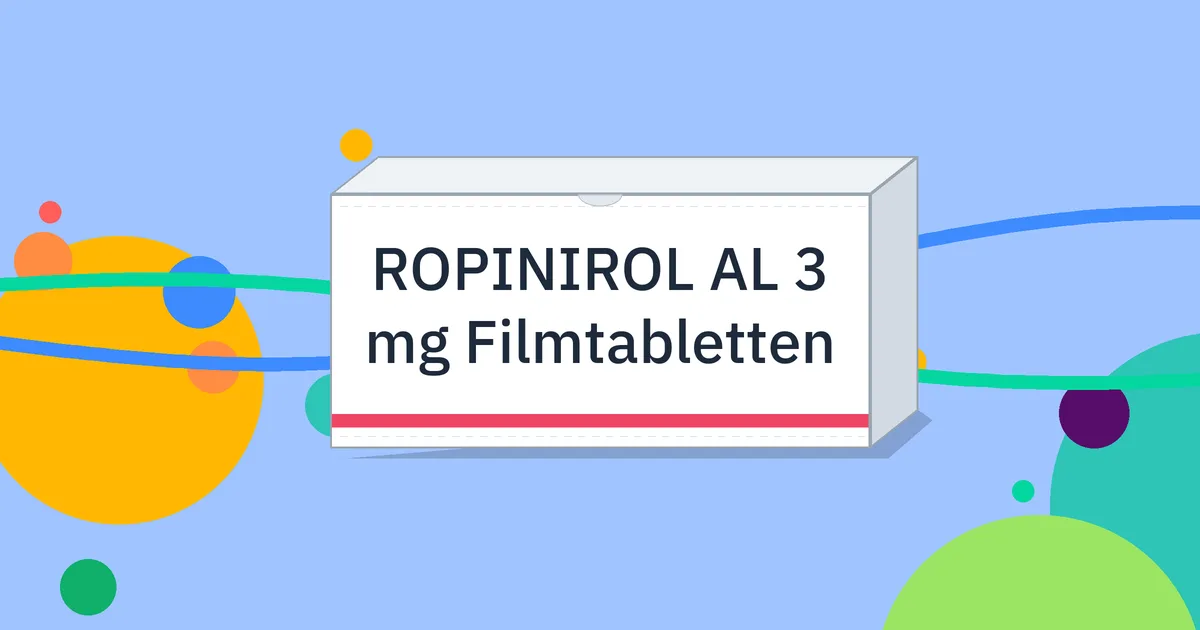 Symbolbild: Packung mit der Aufschrift ROPINIROL AL 3 mg Filmtabletten (PZN 01107421) – Verfügbarkeit und Bezug in Apotheken in Frankfurt am Main