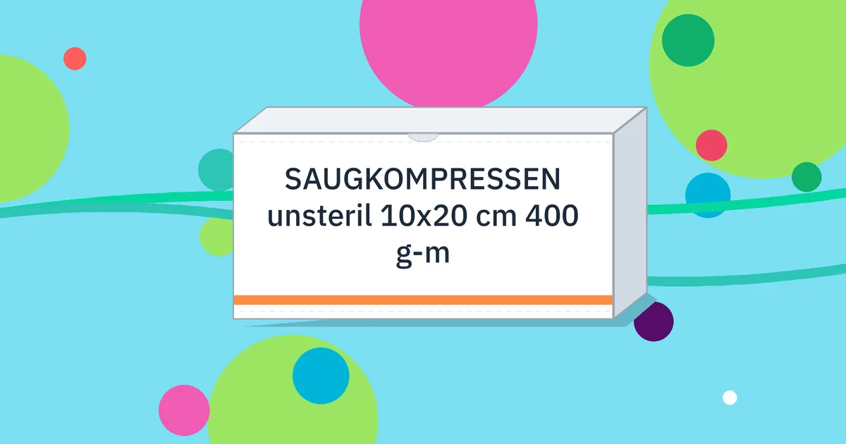 Symbolbild: Packung mit der Aufschrift SAUGKOMPRESSEN unsteril 10x20 cm 400 g-m (PZN 01653827) – Verfügbarkeit und Bezug in Apotheken in Frankfurt am Main