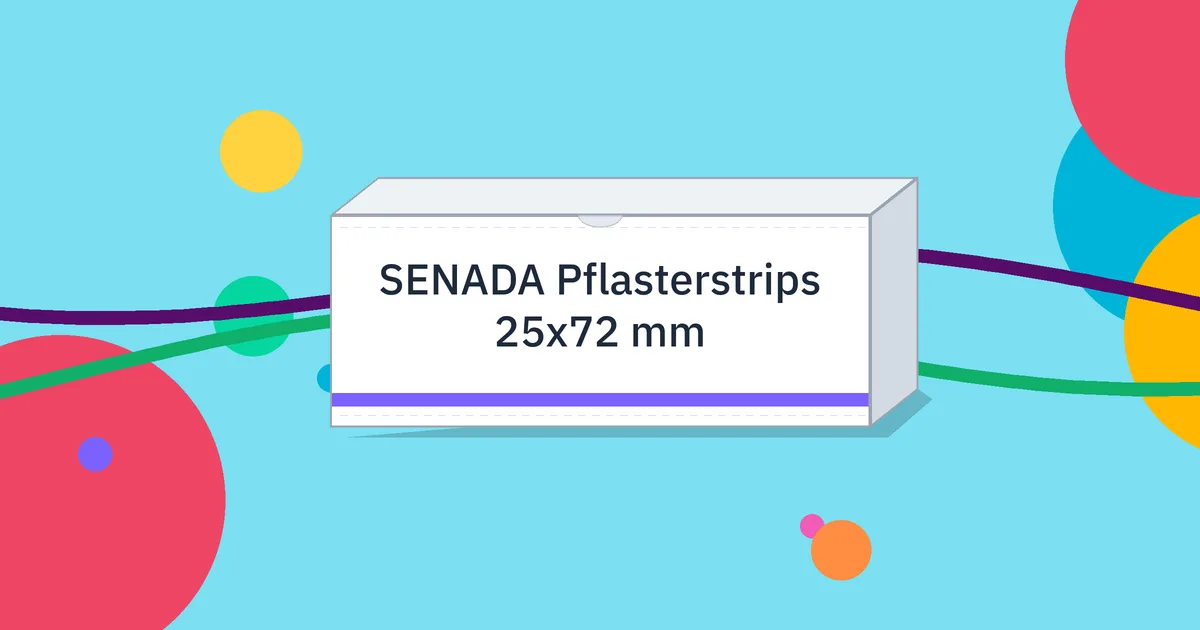 Symbolbild: Packung mit der Aufschrift SENADA Pflasterstrips 25x72 mm (PZN 05856639) – Verfügbarkeit und Bezug in Apotheken in Frankfurt am Main