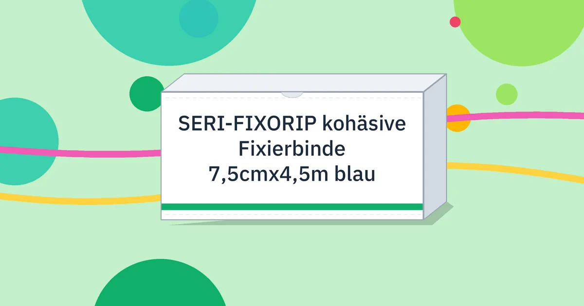 Symbolbild: Packung mit der Aufschrift SERI-FIXORIP kohäsive Fixierbinde 7,5cmx4,5m blau (PZN 20364112) – Verfügbarkeit und Bezug in Apotheken in Frankfurt am Main