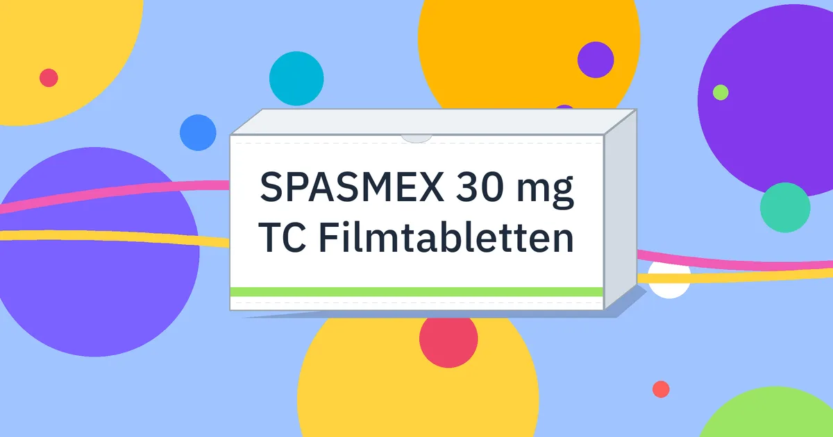 Symbolbild: Packung mit der Aufschrift SPASMEX 30 mg TC Filmtabletten (PZN 00821659) – Verfügbarkeit und Bezug in Apotheken in Frankfurt am Main