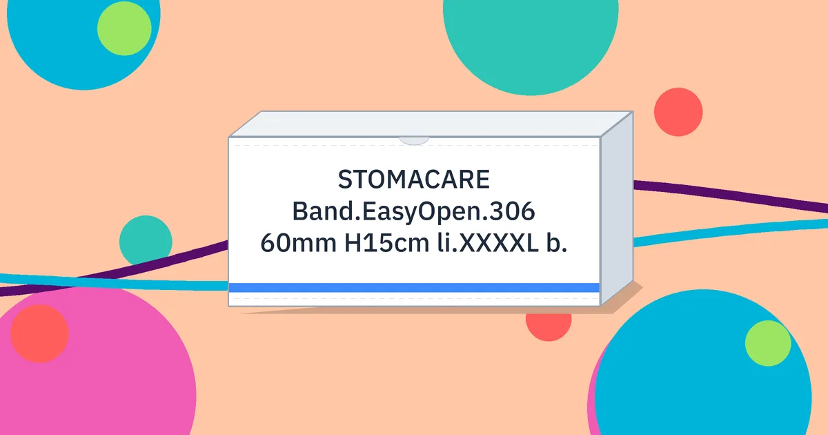 Symbolbild: Packung mit der Aufschrift STOMACARE Band.EasyOpen.306 60mm H15cm li.XXXXL b. (PZN 07665694) – Verfügbarkeit und Bezug in Apotheken in Frankfurt am Main
