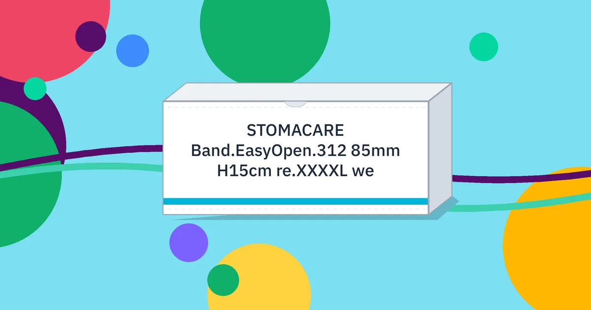 Symbolbild: Packung mit der Aufschrift STOMACARE Band.EasyOpen.312 85mm H15cm re.XXXXL we (PZN 09437827) – Verfügbarkeit und Bezug in Apotheken in Frankfurt am Main