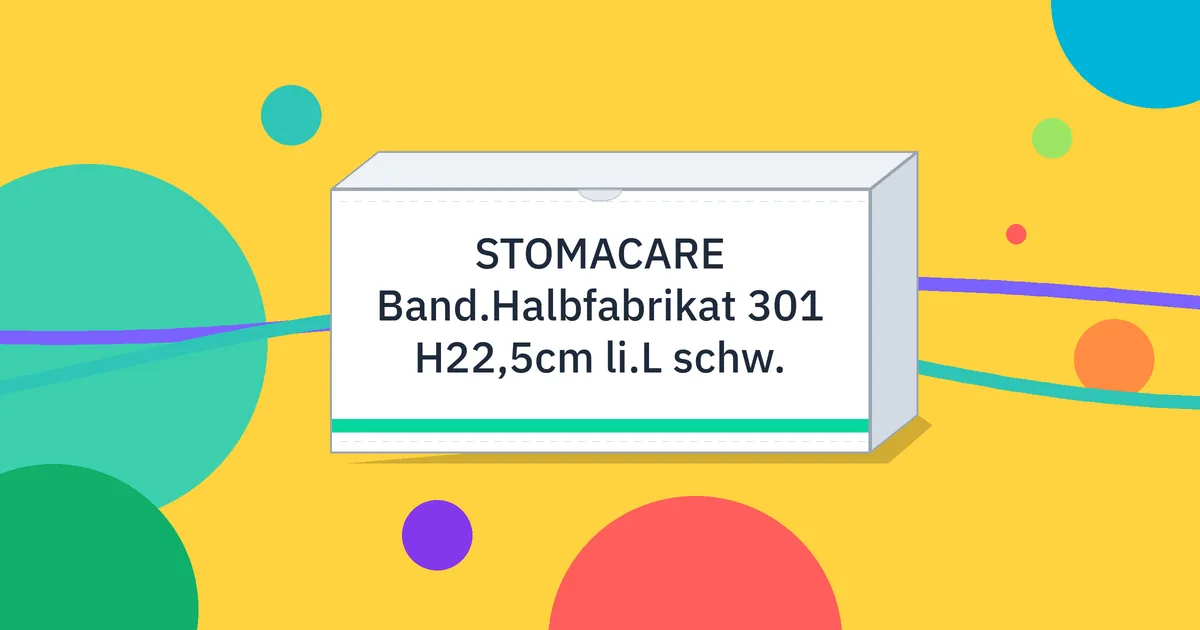 Symbolbild: Packung mit der Aufschrift STOMACARE Band.Halbfabrikat 301 H22,5cm li.L schw. (PZN 09436621) – Verfügbarkeit und Bezug in Apotheken in Frankfurt am Main
